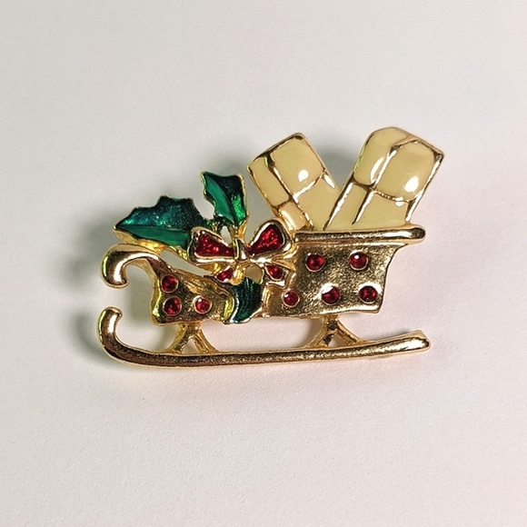 Vintage | Jewelry | Vintage Metal And Enamel Christmas Sleigh Brooch ...